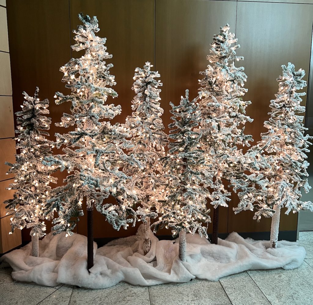 Flocked White Alpine Tree Vignette - Greenscape Design & Decor